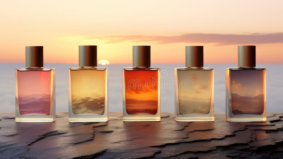 Five Bottles of Perfume in Front of the Sunset, AI Stock Image - Image ...
