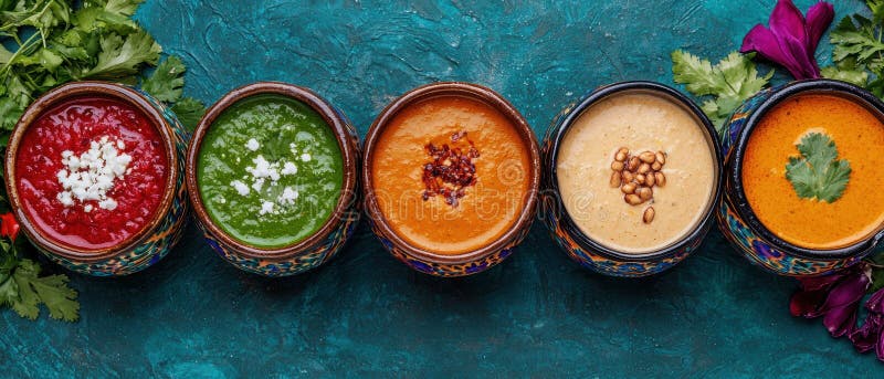 Five Bowls of Colorful Dips Arranged in a Row Stock Illustration ...