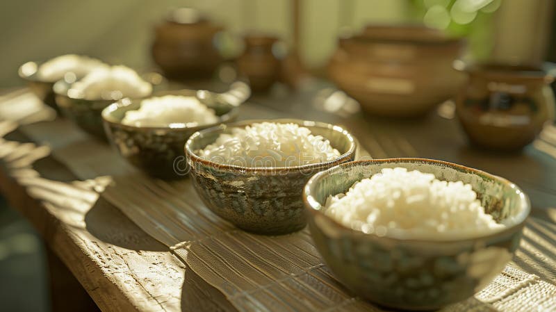 Five Bowls of Freshly Cooked Rice on the Table. Stock Illustration ...