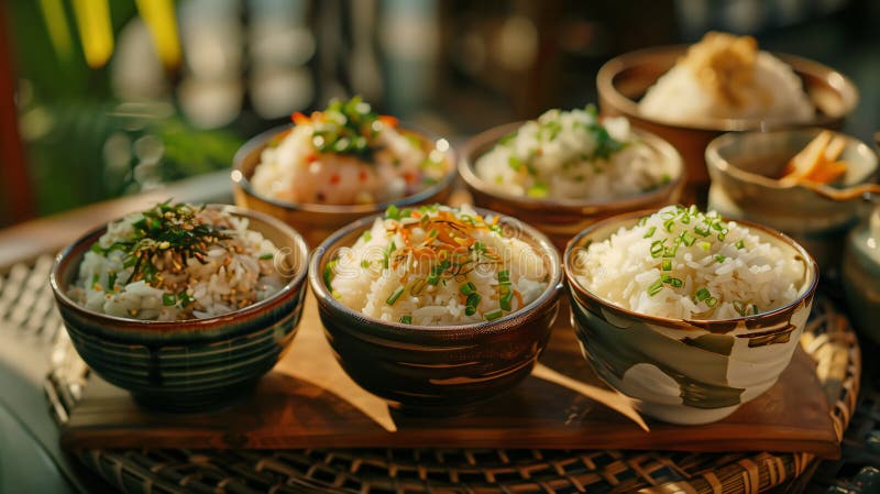 Five Bowls of Freshly Cooked Rice on the Table. Stock Illustration ...