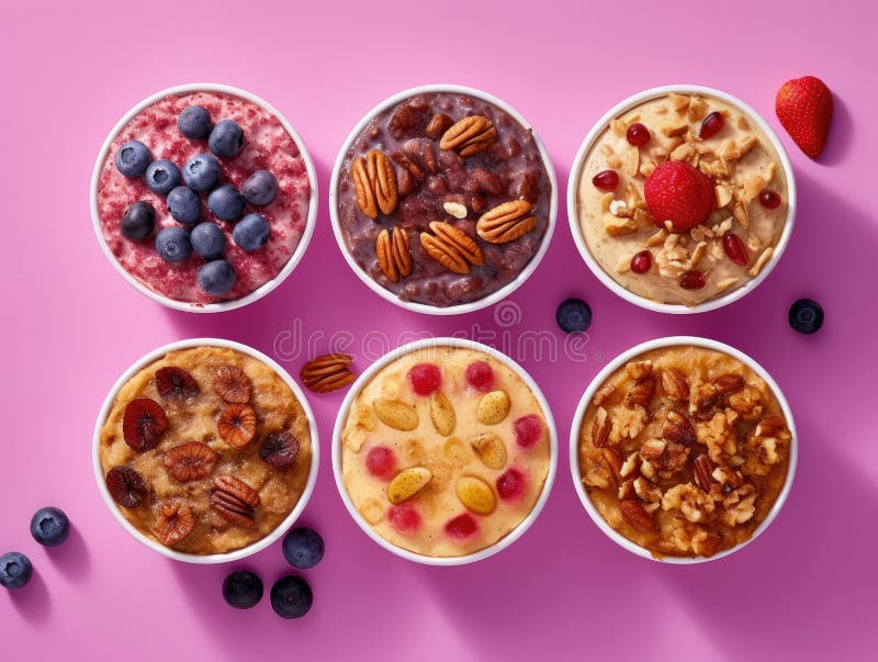 Five Bowls of Oatmeal with Berries and Nuts on a Pink Background Stock ...