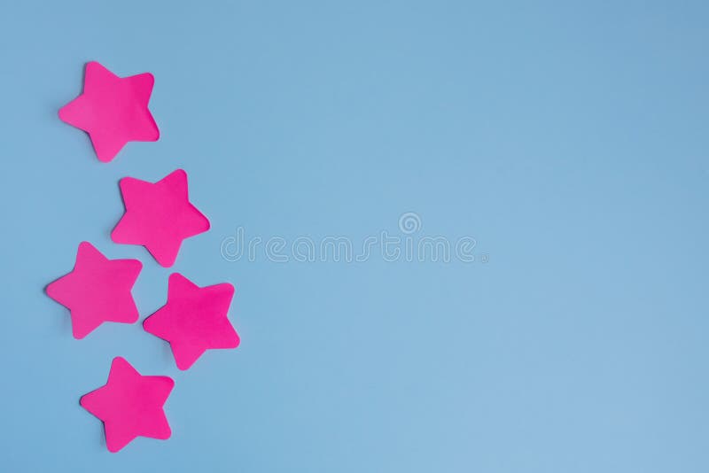 Five Bright Pink Stars Stickers on a Blue Background. Flat Layout with ...