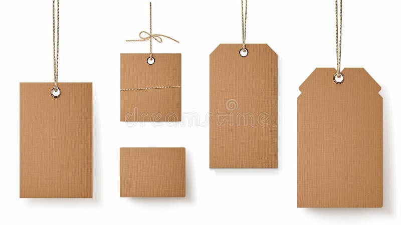 Five Brown Cardboard Tags with String Loops Hanging on a White ...