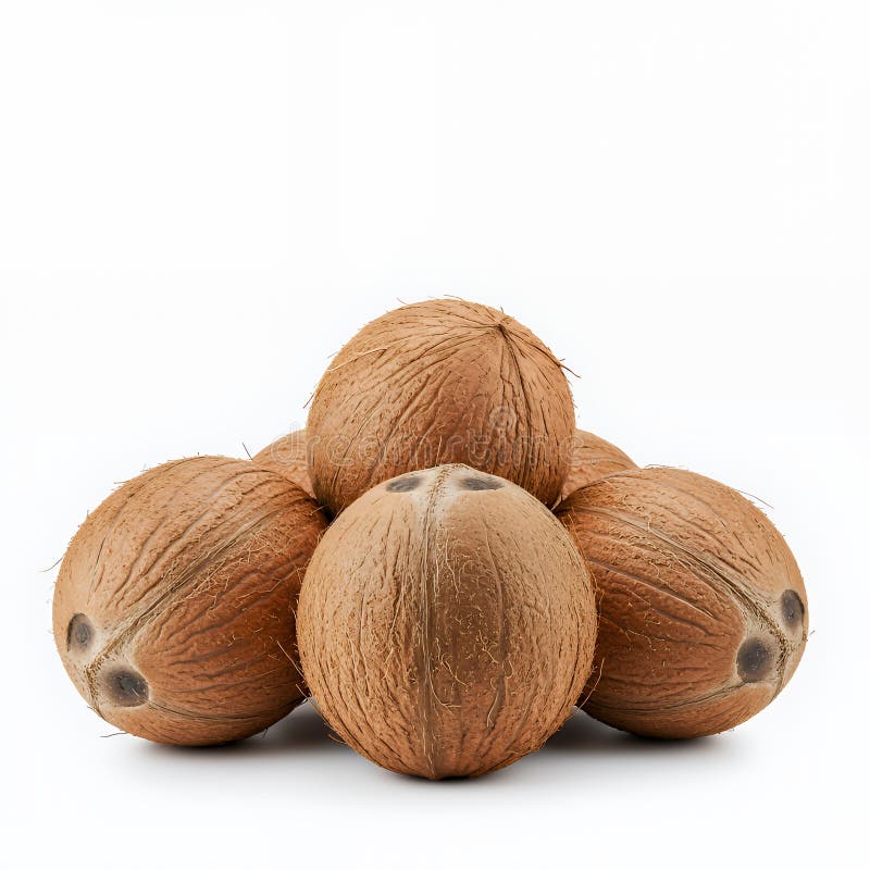 Five Brown Coconuts Arranged in a Pyramid on White Background Stock ...