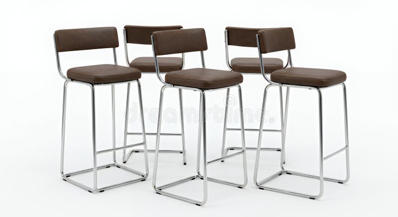 Five Brown Leather Bar Stools with Chrome Frames on White Background ...