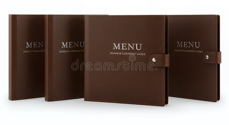 Five Brown Leather Menus with Silver Lettering on White Background ...