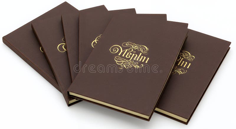 Five Brown Leatherbound Books with Gold Lettering on White Background ...