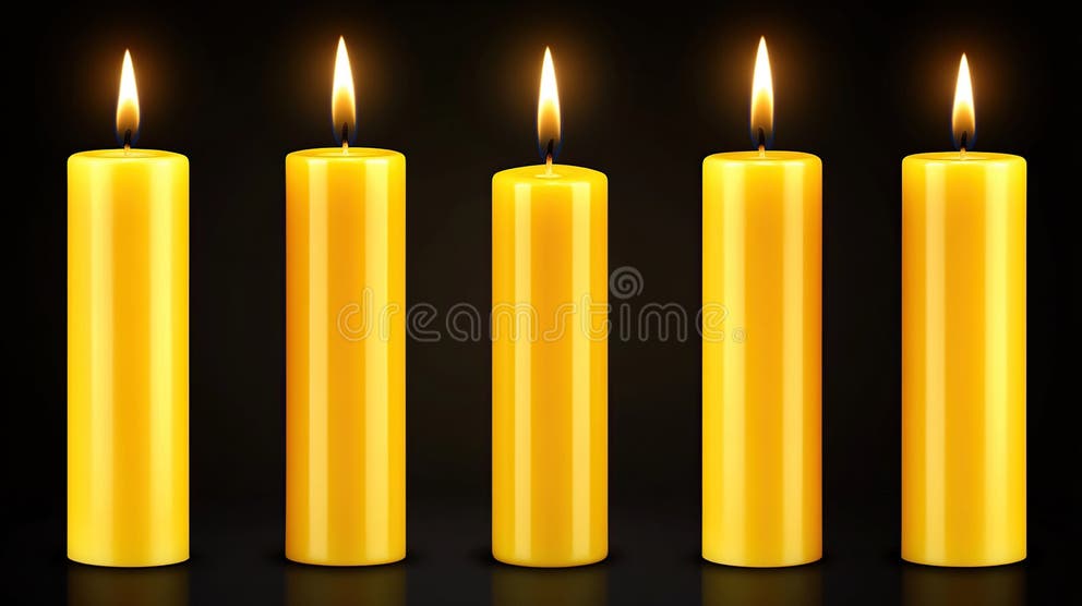 Five Burning Yellow Candles, Dark Background, Light Reflection ...