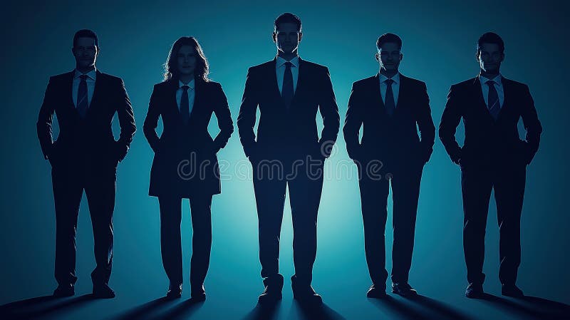 Five Business Professionals in Dark Suits, Standing in a Row Against a ...