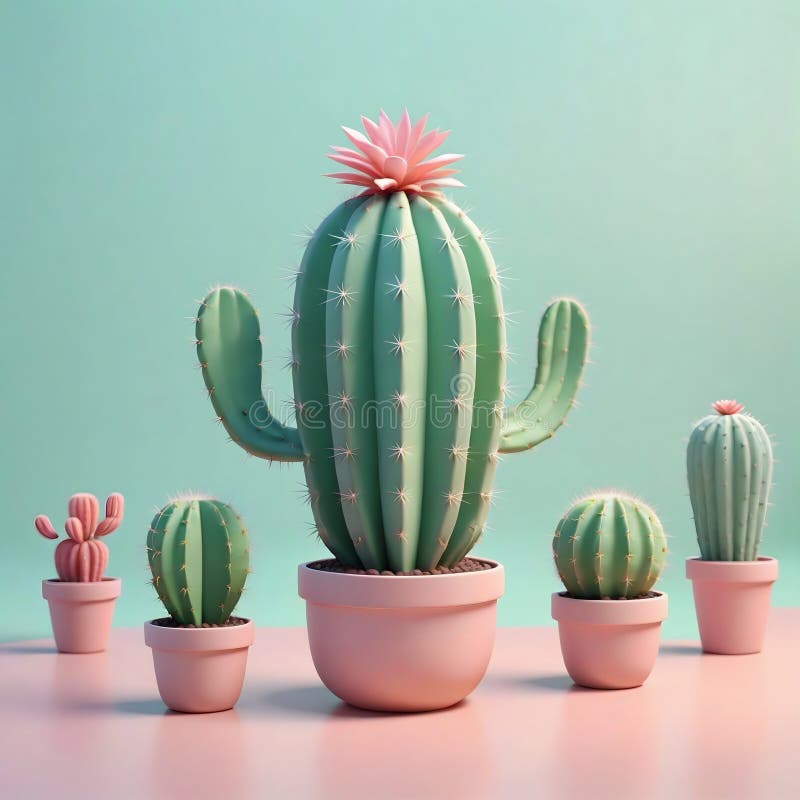Five Cacti in Pink Pots on Pastel Pink and Green Surface Stock ...