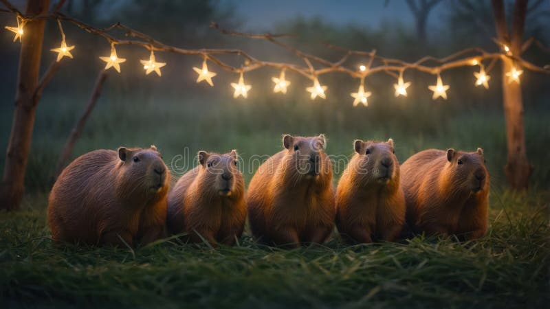Charming Capybaras Under Starry Night Lights Stock Illustration ...
