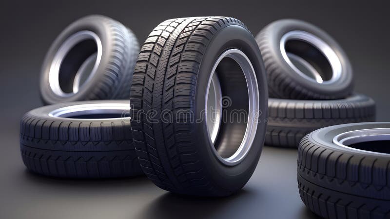 Five Car Tires are Arranged on a Smooth Surface. Each Tire Displays ...