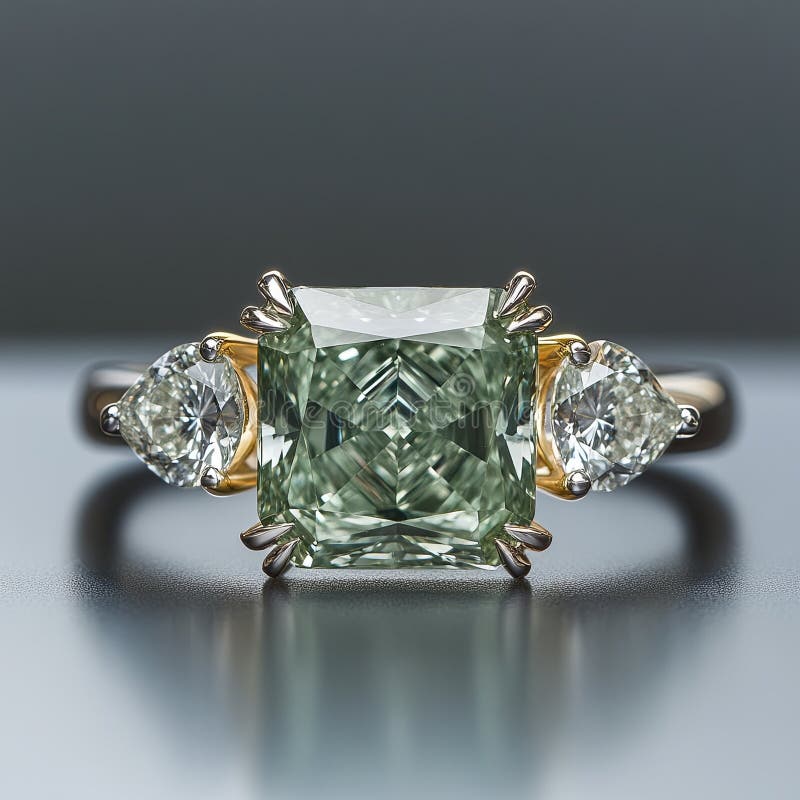 A Five Carat Square Light Green Diamond with Two 2 Carat White Diamond ...