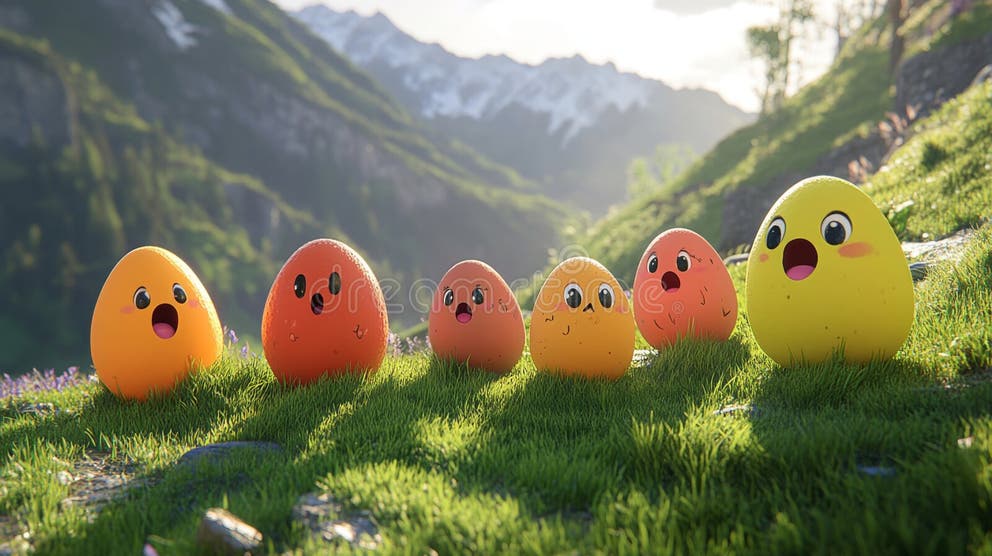 Five Cartoon Easter Eggs in Mountain Scenery Stock Illustration - Illustration of grass, eggs ...