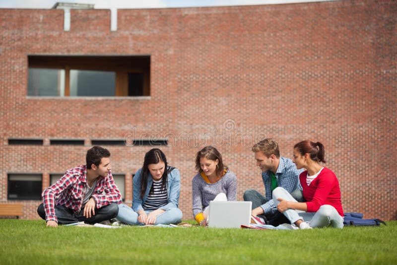 Five Casual Students Sitting on the Grass Using Laptop Stock Image ...