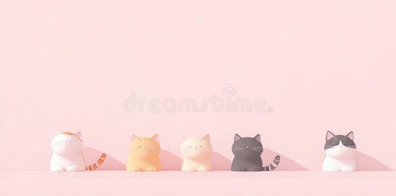 Five Cats Sit Peacefully on Pink, Adorable Kitty Theme Stock ...