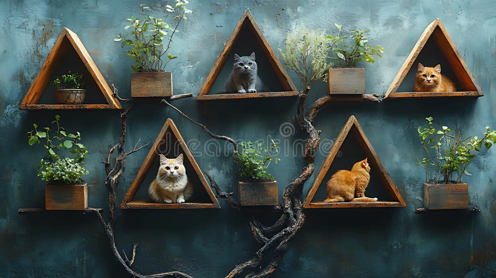 Five Cats Sitting on Triangular Shelves on a Blue Wall, with Plants and ...