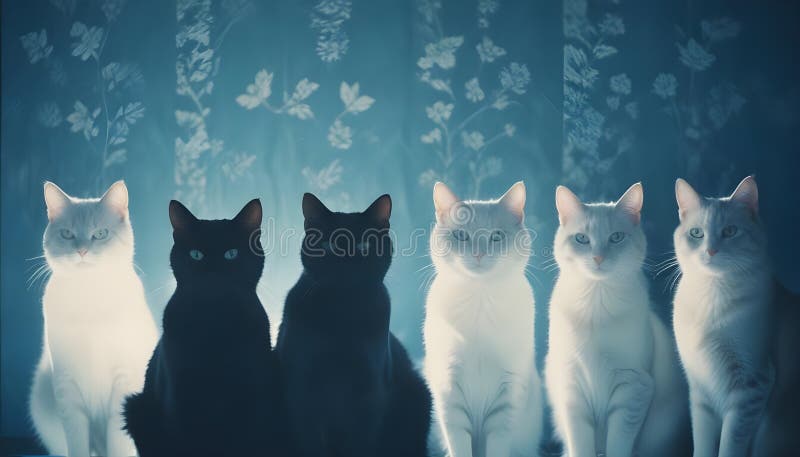 Five Cats, Two Black and Three White, Sitting in a Row Against a Blue ...