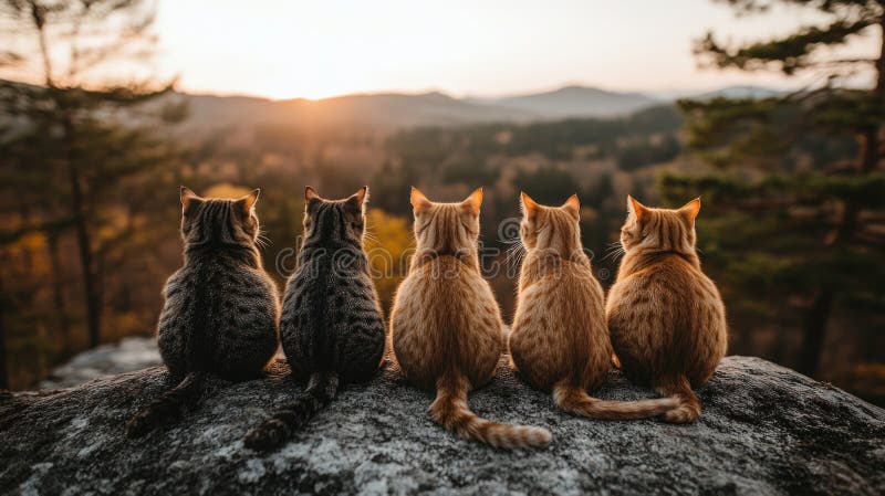 Five Cats Watching Sunrise from Rocky Cliff in Serene Mountain ...