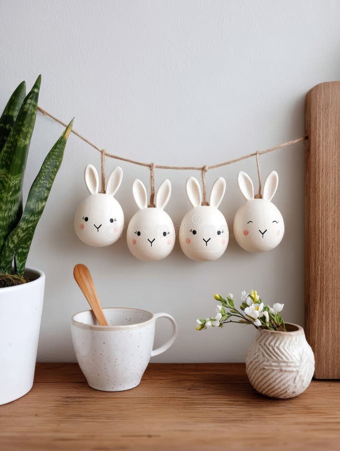 Five Ceramic Bunnies Hang on a String Alongside a Cup and Spoon ...