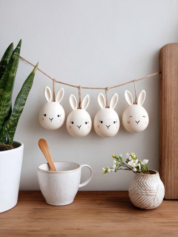 Five Ceramic Bunnies Hang on a String Alongside a Cup and Spoon ...