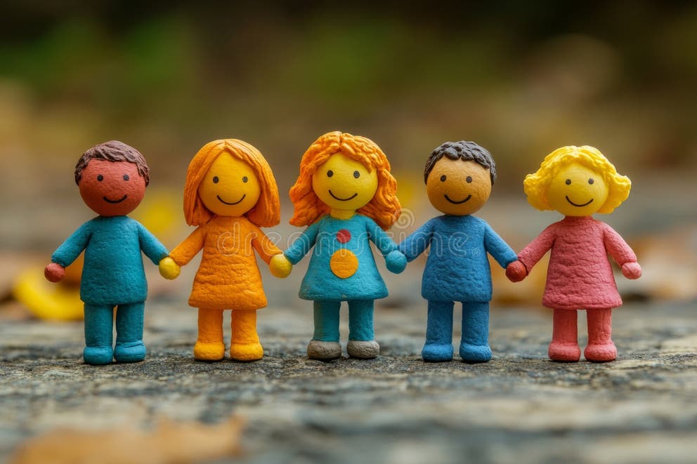 Five Cheerful Clay Dolls Holding Hands, Symbolizing Unity, Diversity ...