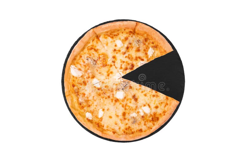 Five Cheese Pizza without a Slice on Bamboo Slate, Isolate Stock Image ...