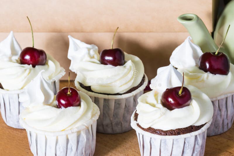 Five Cherry Cakes with Cream for Tea Stock Photo - Image of frosting ...