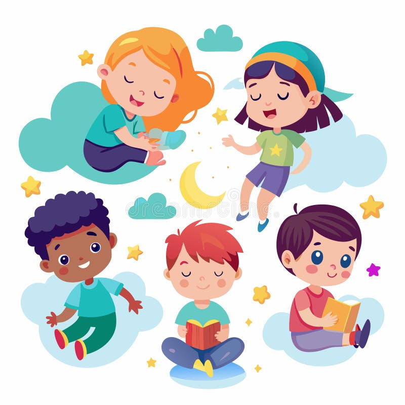 Five Children are Sitting on Clouds and Reading, Sleeping, or Looking ...