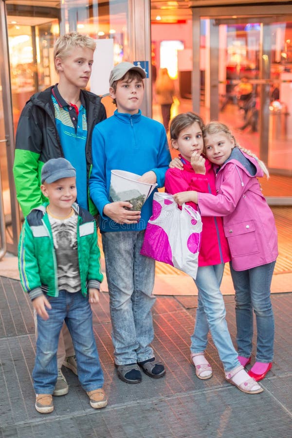 Five Children Stand in Front of the Stock Photo - Image of bucket ...