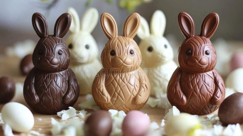 Five Chocolate Easter Bunnies Surrounded by Eggs Stock Illustration ...