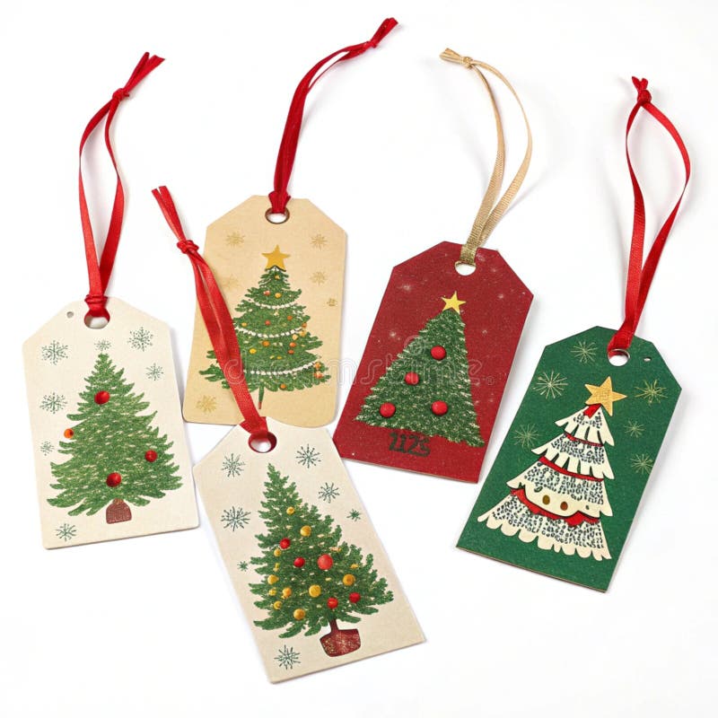 Five Christmas Gift Tags with Tree and Ribbon Decorations Stock ...