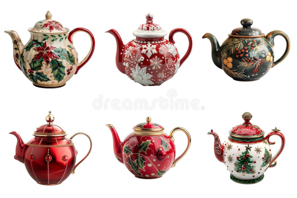 Five Christmas Themed Teapots with Festive Designs Stock Image ...