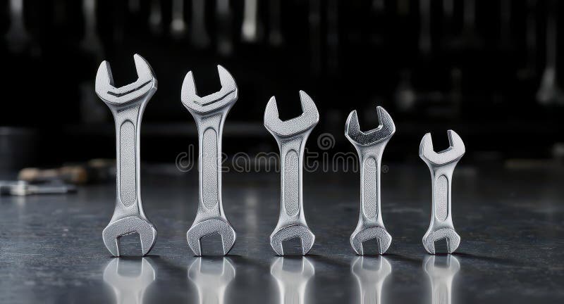 Five Precision Engineered Chrome Wrenches of Varying Sizes Standing ...
