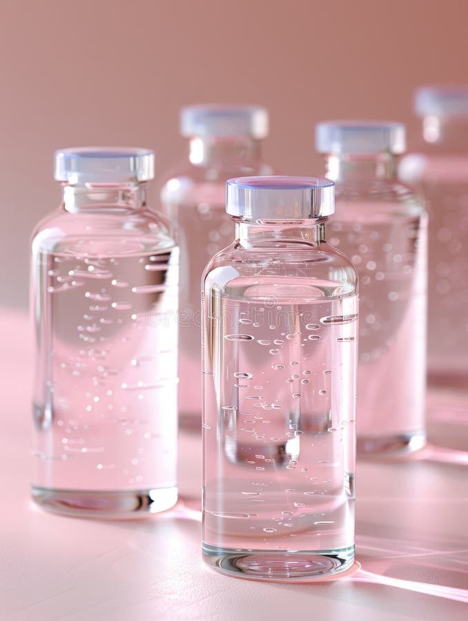 Five Clear Vaccine Vials with Liquid Inside, Reflecting Light on ...