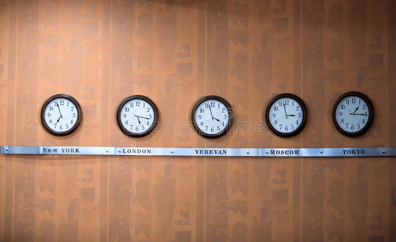 Five Clocks Of Different Times Stock Image - Image of deadline, night ...