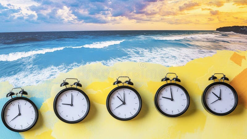 Five Clocks, Ocean Sunset, Time, Beach, Vacation, Planning, Collage ...
