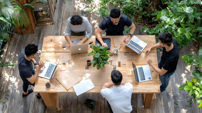 Five Colleagues Collaborate Outdoors Stock Illustration - Illustration ...