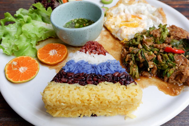 Five Color Rice with Stir Fried Pork and Basil Stock Photo - Image of ...