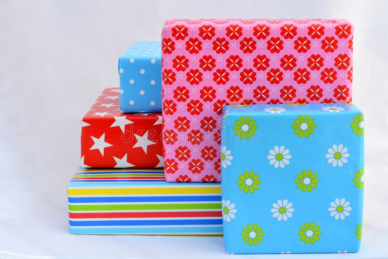 Five Colored Gifts on White Background Stock Photo - Image of pile ...