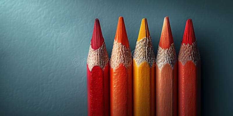 Five Colored Pencils, Including Red, Yellow, Orange on a Flat, Blue ...
