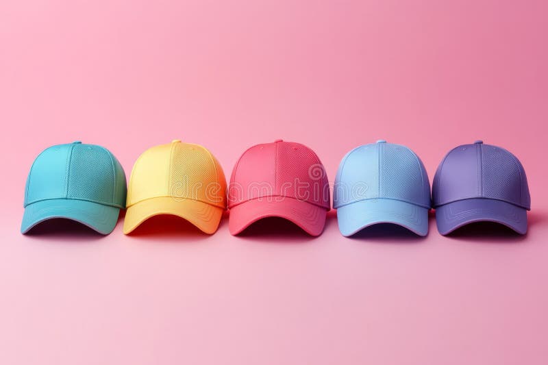 Five Colorful Baseball Caps are Arranged in a Row on a Pink Background ...