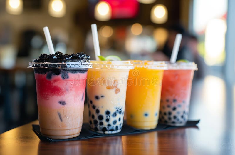 Five Plastic Cups of Bubble Tea with Tapioca Pearls Sitting on a Table ...