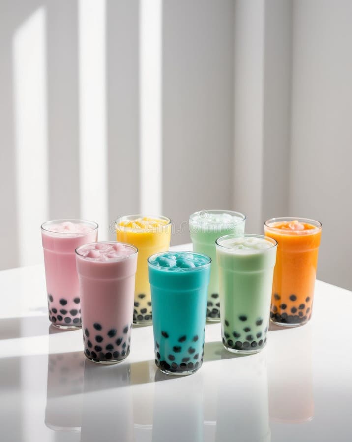 Five Colorful Bubble Teas with Black Tapioca Pearls. Stock Photo ...
