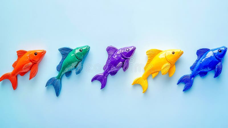 Five Colorful Clay Fish Swimming Together on Blue Background Stock ...