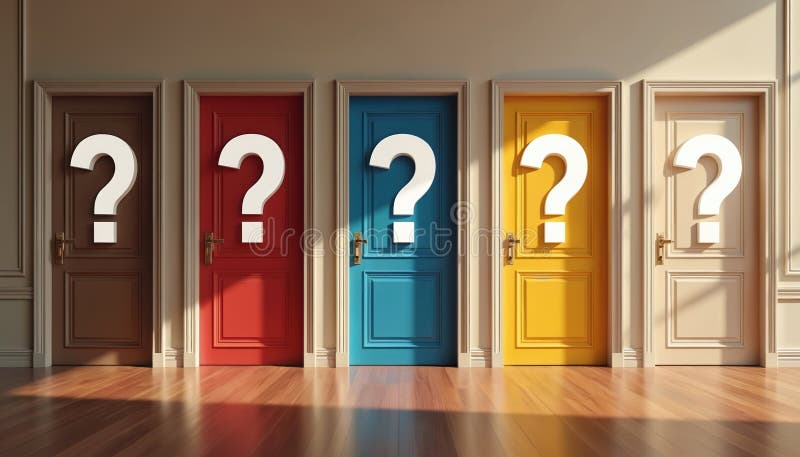 Five Colorful Doors with Question Marks Symbolize Choice, Opportunity ...