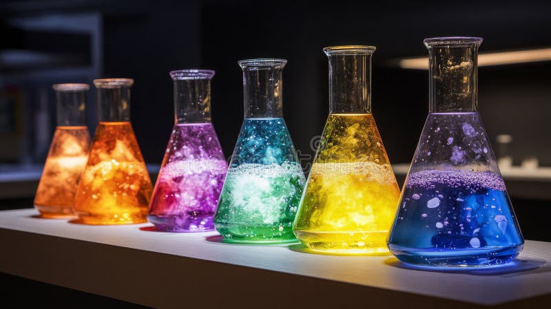 Five Colorful Erlenmeyer Flasks Filled with Liquids Stock Illustration ...