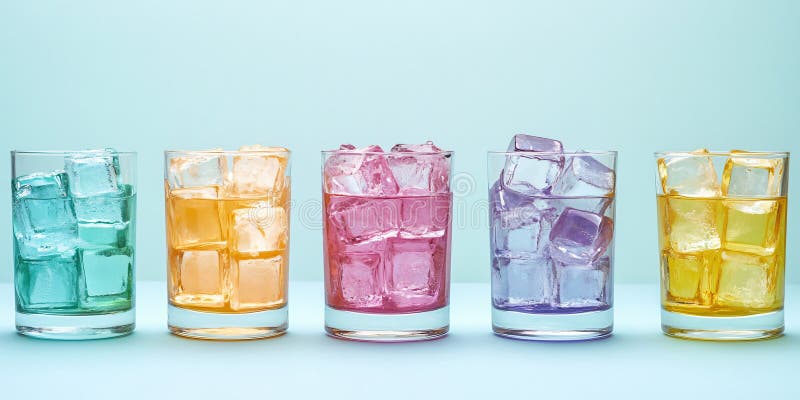 Five Colorful Glasses with Ice Cubes Refreshing High Quality Image ...