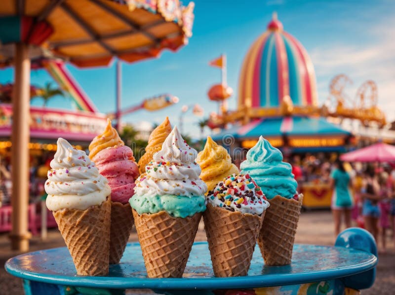 Five Colorful Ice Cream Cones Standing on a Table with a Carousel in ...