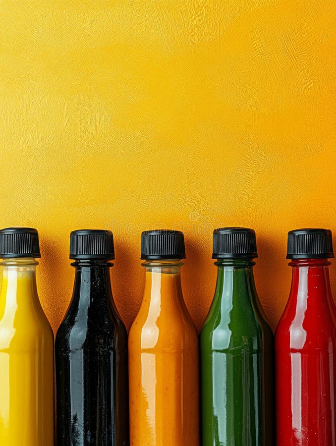 Five Colorful Juice Bottles Row Yellow Background Stock Photos - Free ...